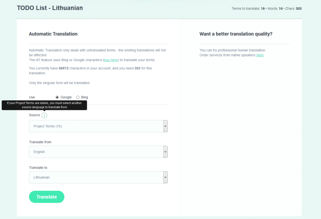 Translation options with the localization platform POEditor